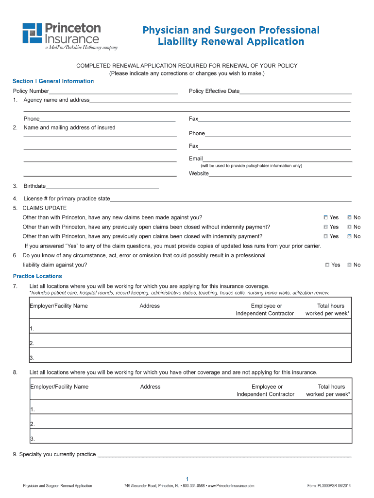 Fillable Online Physician and Surgeon Professional Liability Renewal ...