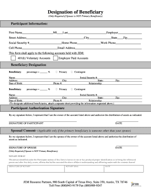 Fillable Online JEM 401k Designation of Beneficiary Form.doc Fax Email ...