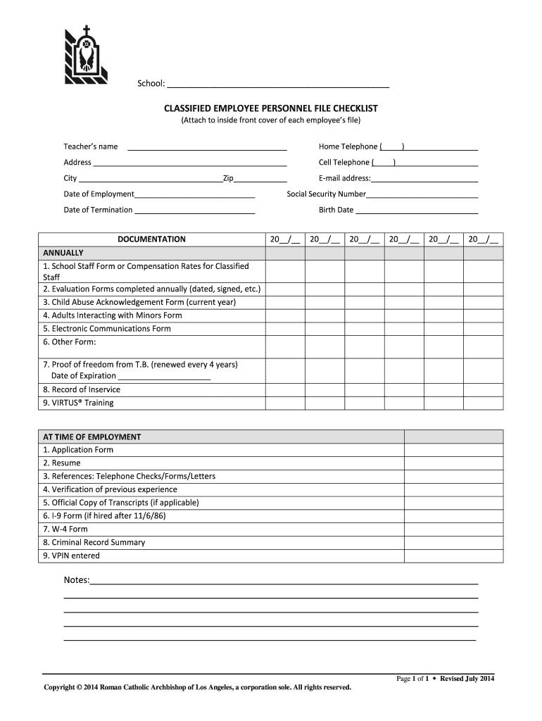 Fillable Online handbook la-archdiocese Classified Employee Personnel ...