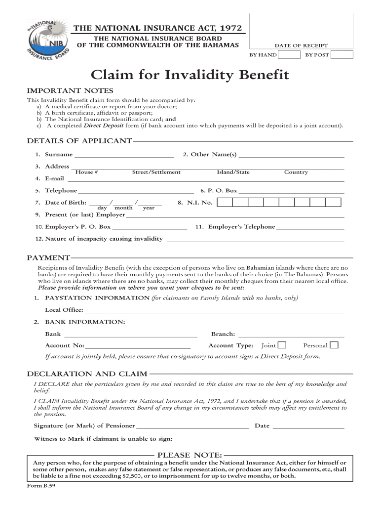 Fillable Online Invalidity Benefit Claim Form - The National Insurance ...