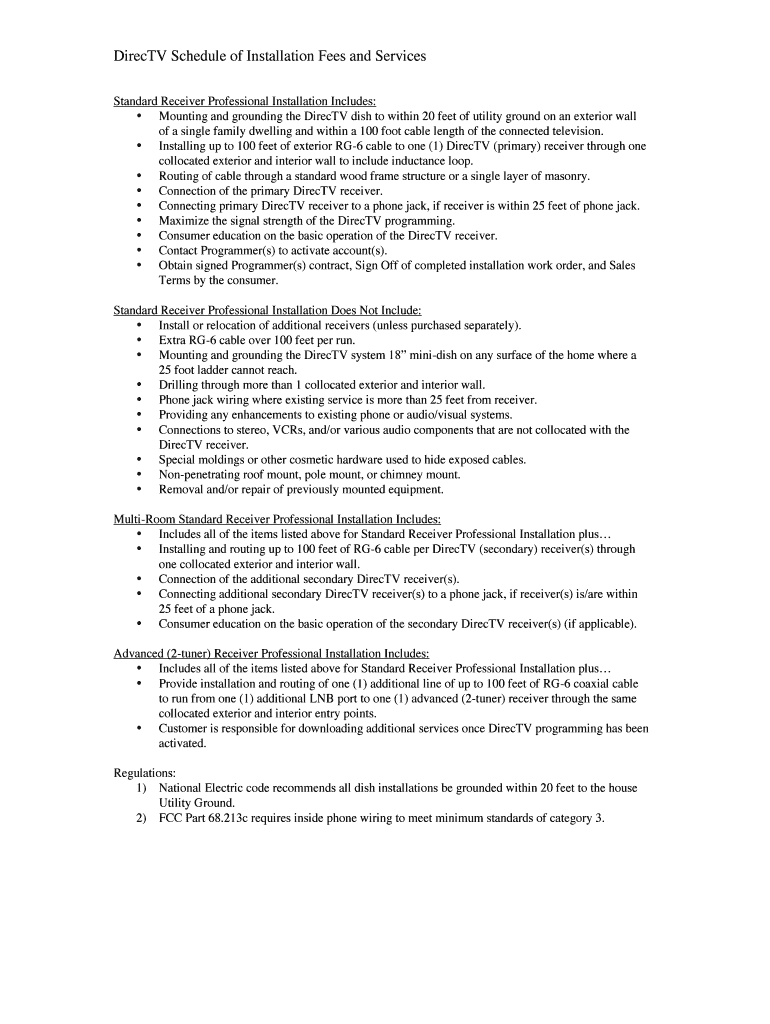 Fillable Online DirecTV Schedule of Installation Fees and Services Fax ...