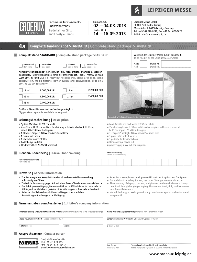 Fillable Online 4a Komplettstandangebot STANDARD ... - Leipziger Messe Fax Email Print - pdfFiller