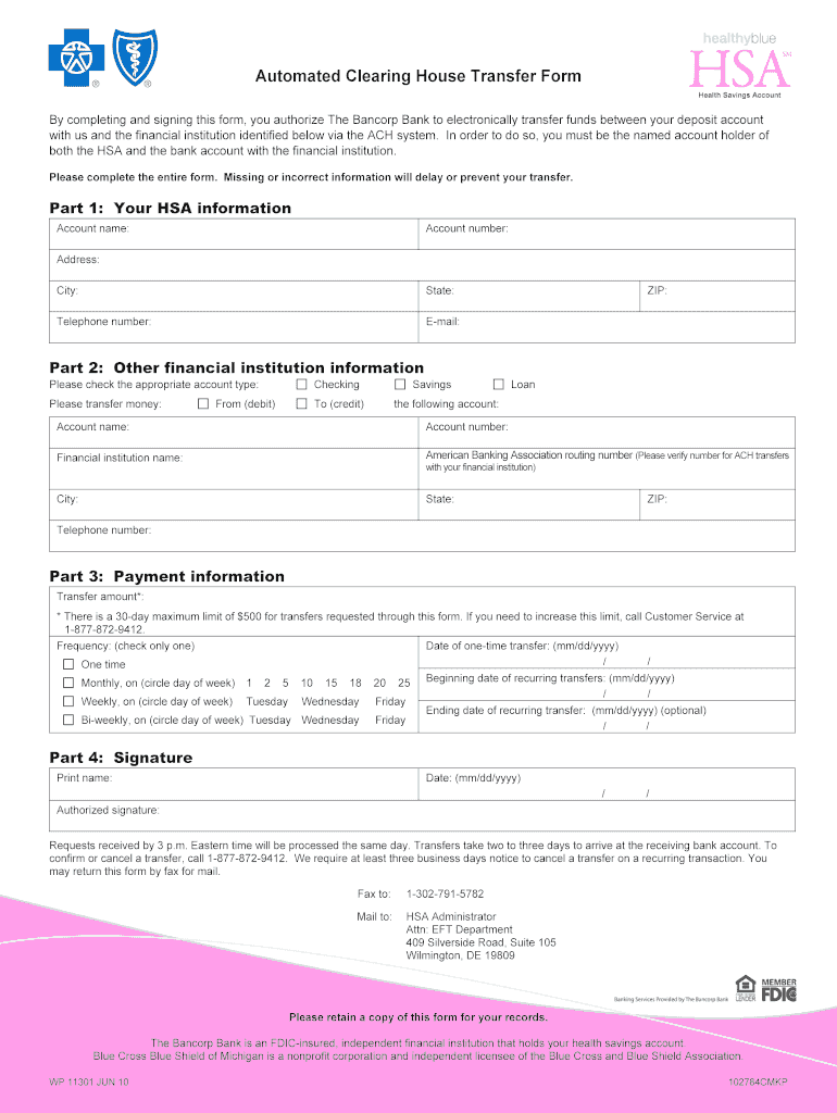 Fillable Online Automated Clearing House Transfer Form - Healthy Blue HSA Fax Email Print ...