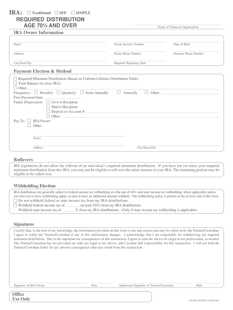 Fillable Online IRA Distribution Form Over 70 Years Old - The Bancorp ...