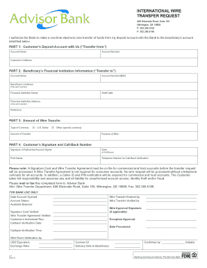 Fillable Online INTERNATIONAL WIRE TRANSFER REQUEST - Advisor Bank Fax ...