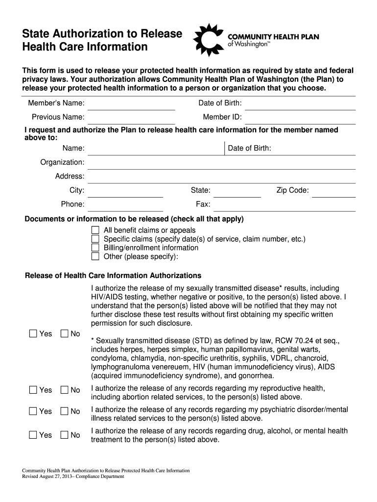 Fillable Online State Authorization to Release Health Care Information - Community ... Fax Email ...