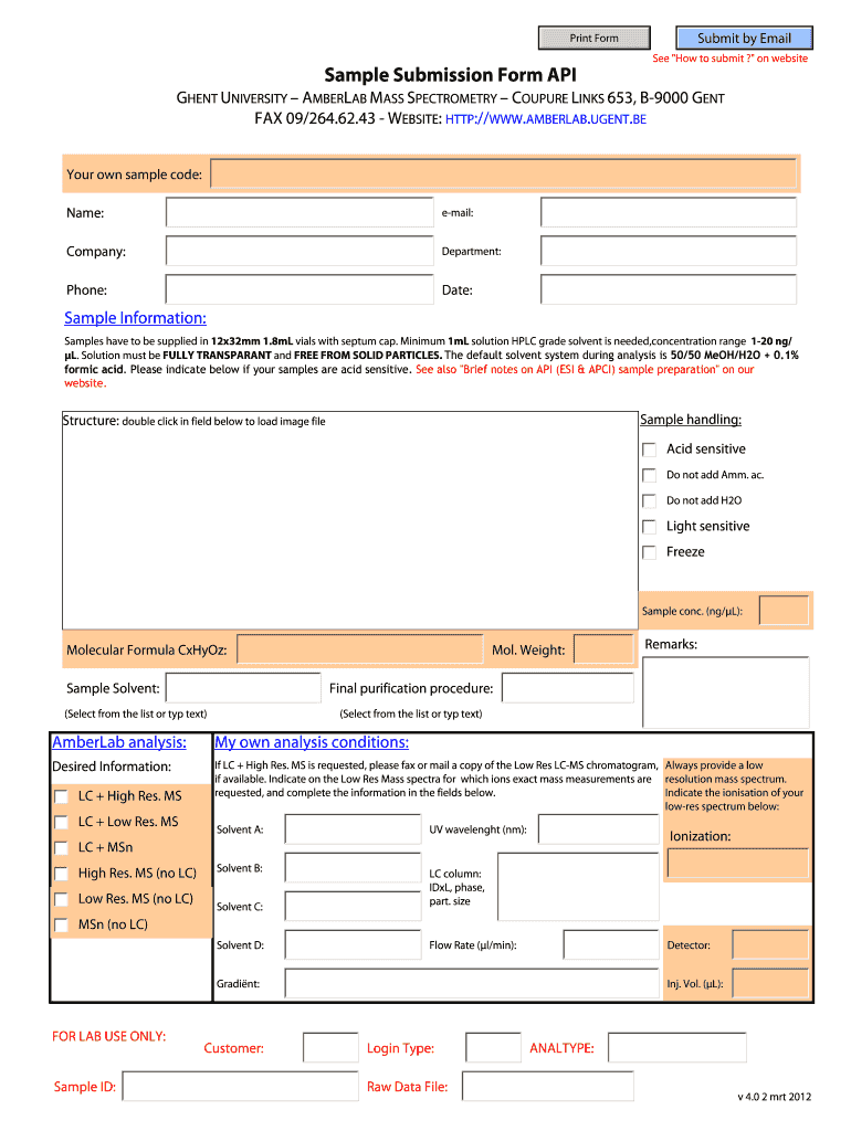 Fillable Online Sample Submission Form LC-MS - AMBERLab Fax Email Print ...