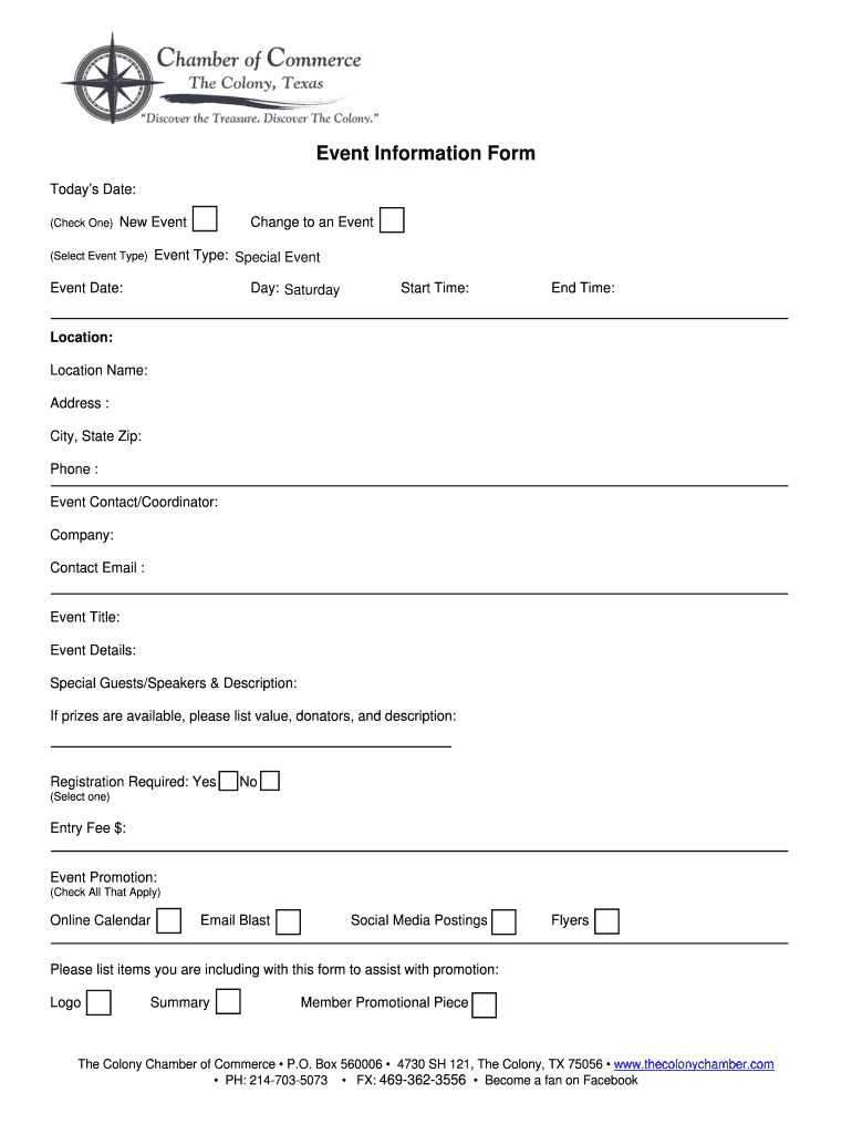 Fillable Online Event Information Form - The Colony Chamber of Commerce ...
