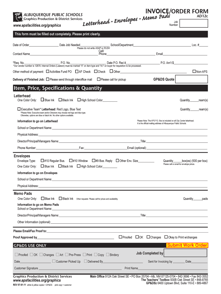 Fillable Online aps Letterhead, Envelopes, Memo Pads Work Order Form ...
