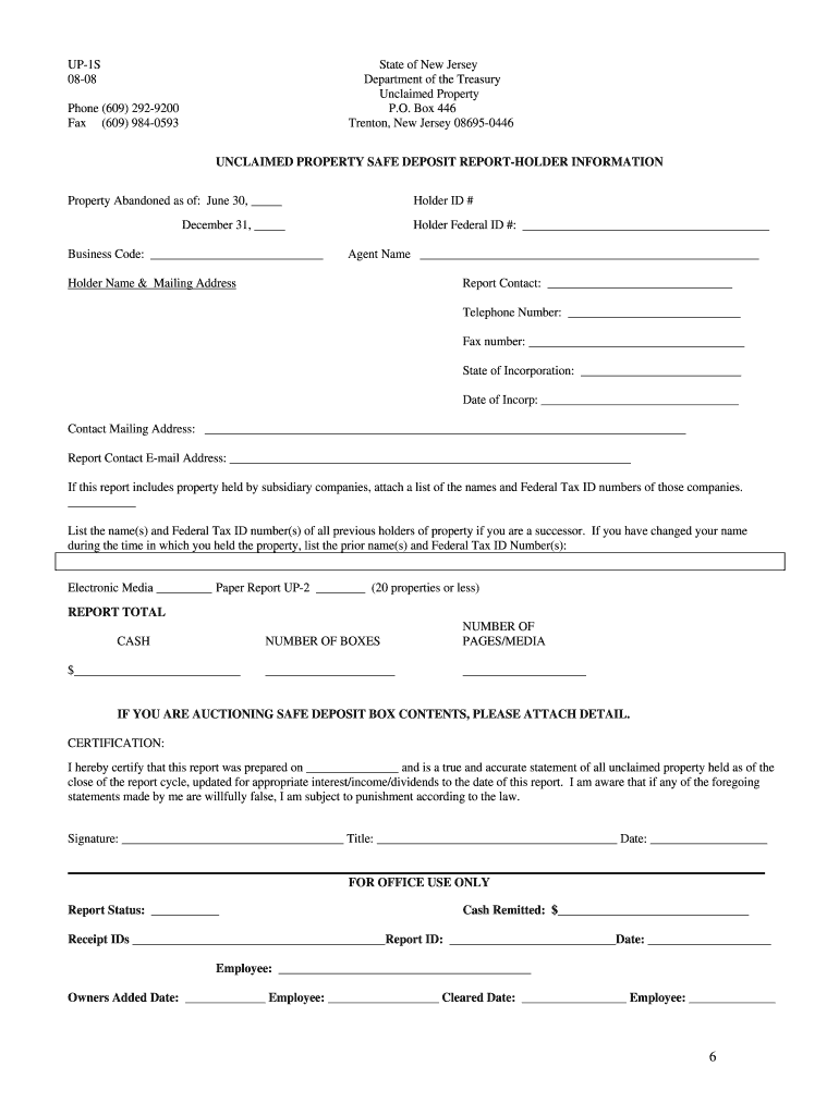 Fillable Online nj State of New Jersey Unclaimed Safe Deposit Box or ...