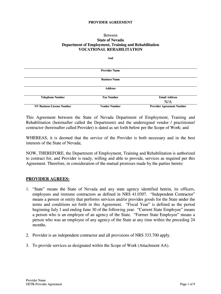 Fillable Online detr state nv Provider Agreement Form - Nevada ...