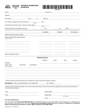 Fillable Online FORM 602 MARYLAND CIGARETTE TAX PHYSICAL INVENTORY ...