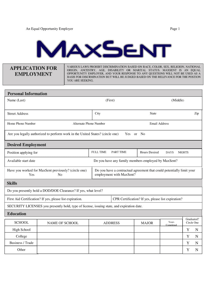 Fillable Online application for employment - Maxsent Fax Email Print ...