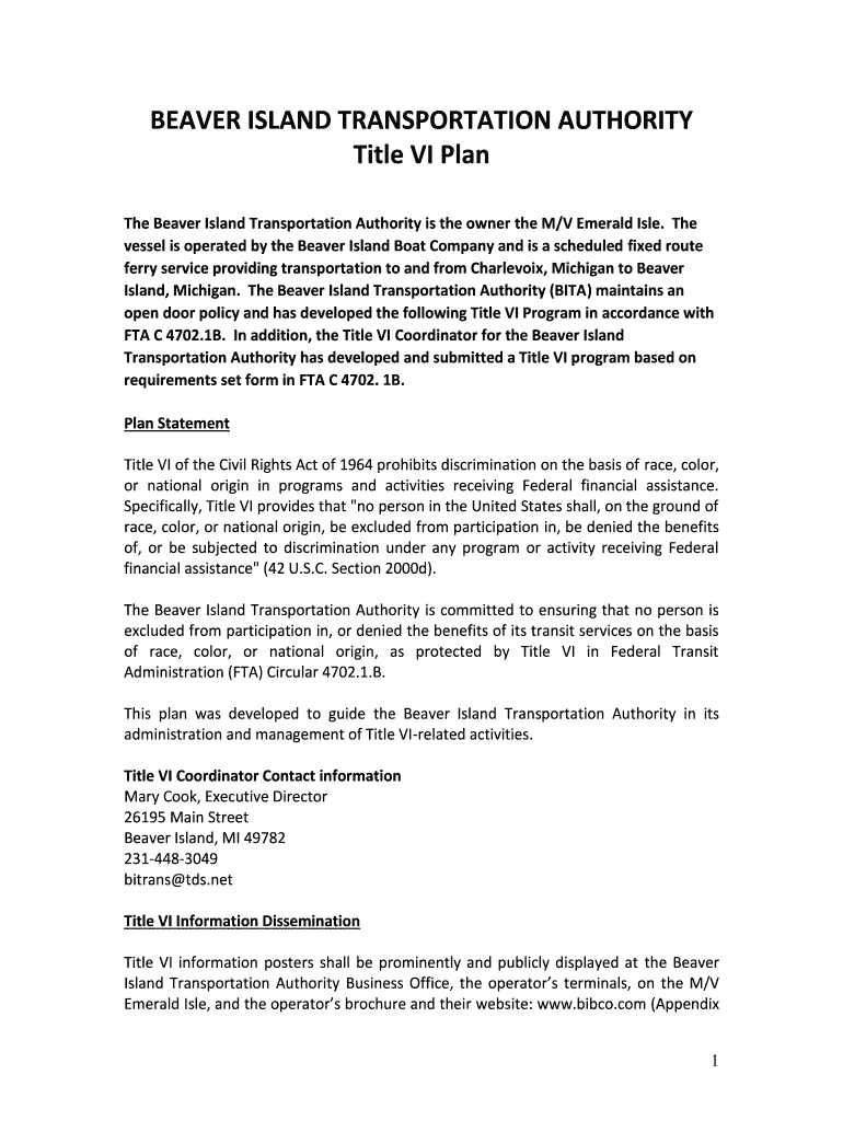 Fillable Online Sample of Title VI Plan - Beaver Island Transportation ...