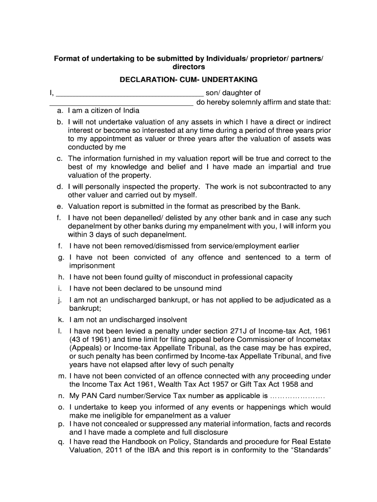 Fillable Online Format of undertaking to be submitted by Individuals ...
