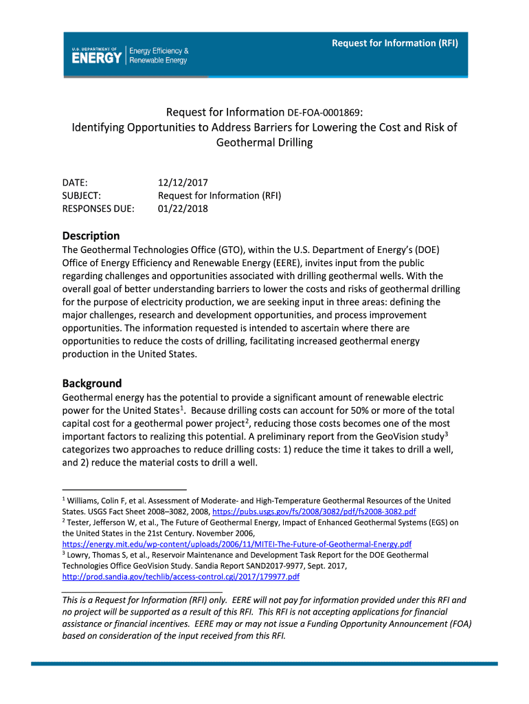 Fillable Online Request for Information DE-FOA-0001869 ... - EERE ...