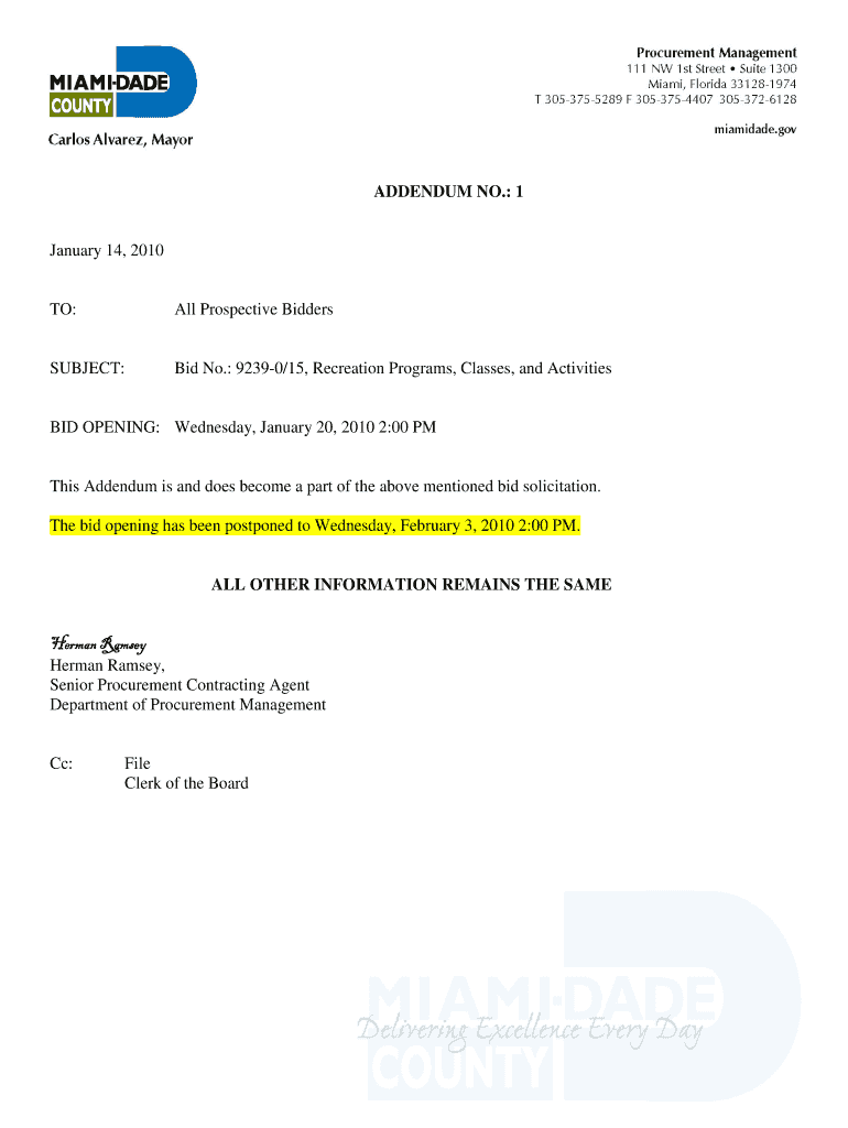 Fillable Online ADDENDUM NO. 1 COVER SHEET TO: Prospective Bidders ...