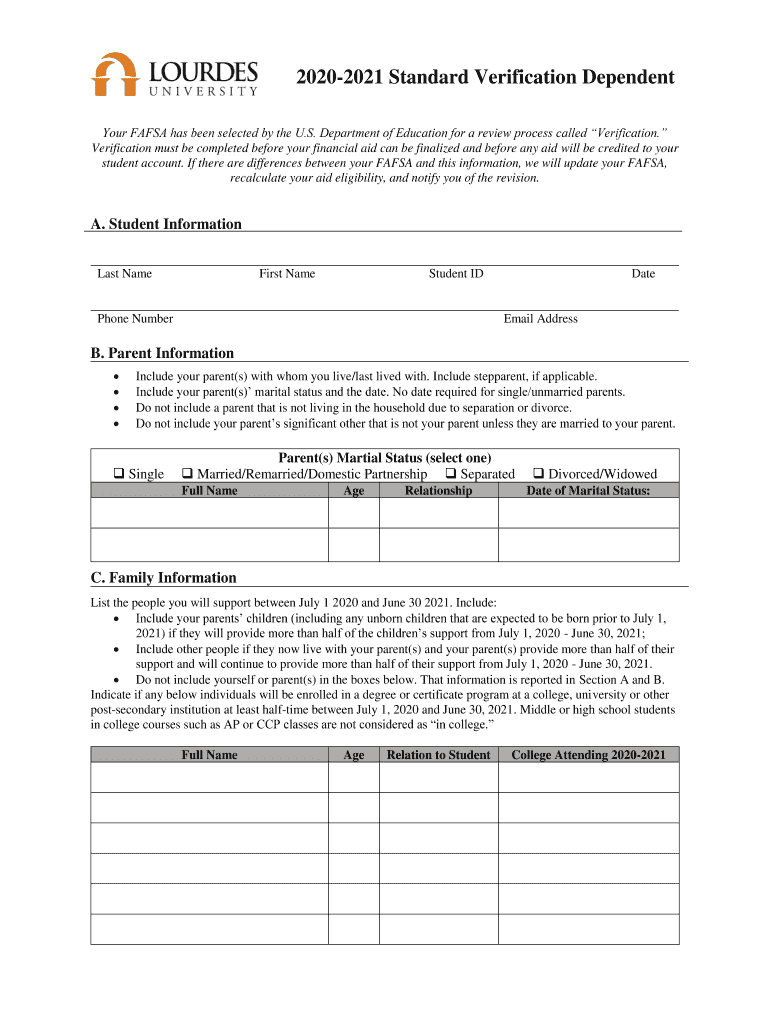 Fillable Online 20202021 Verification Worksheet Dependent Student (V1) Fax Email Print - pdfFiller