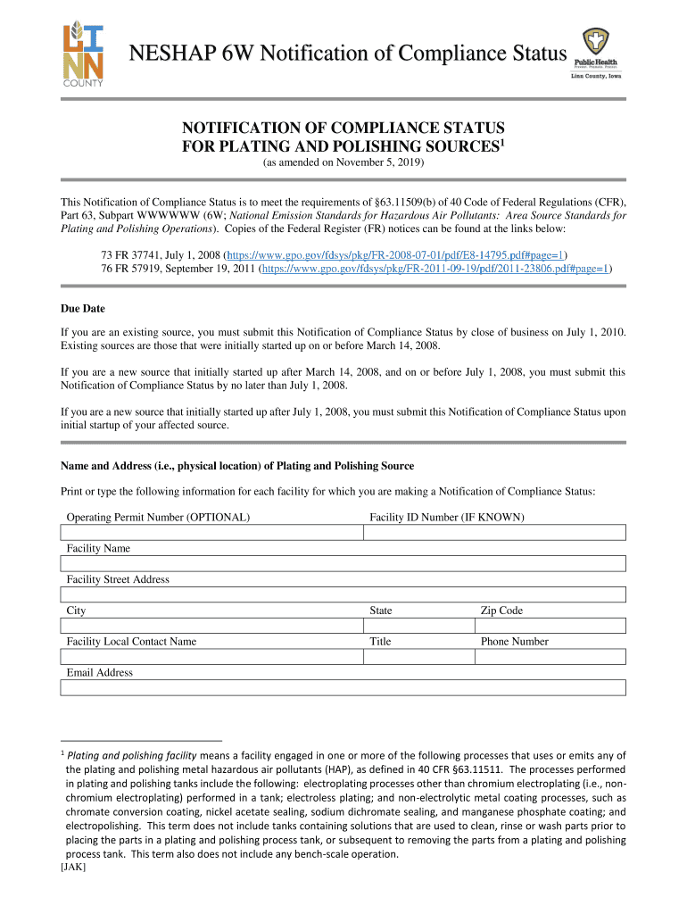 Fillable Online NESHAP 6W Notification of Compliance Status - Linn ...