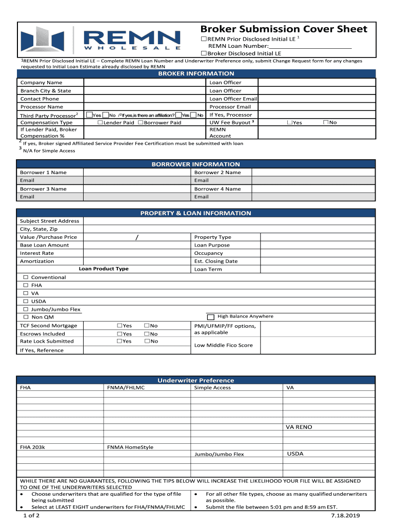 Fillable Online Fillable Online Broker Submission Cover Sheet Fax Email ...