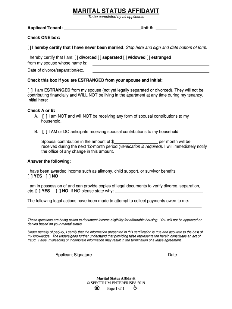 Fillable Online United States - Single Status Certificate / Affidavit ...