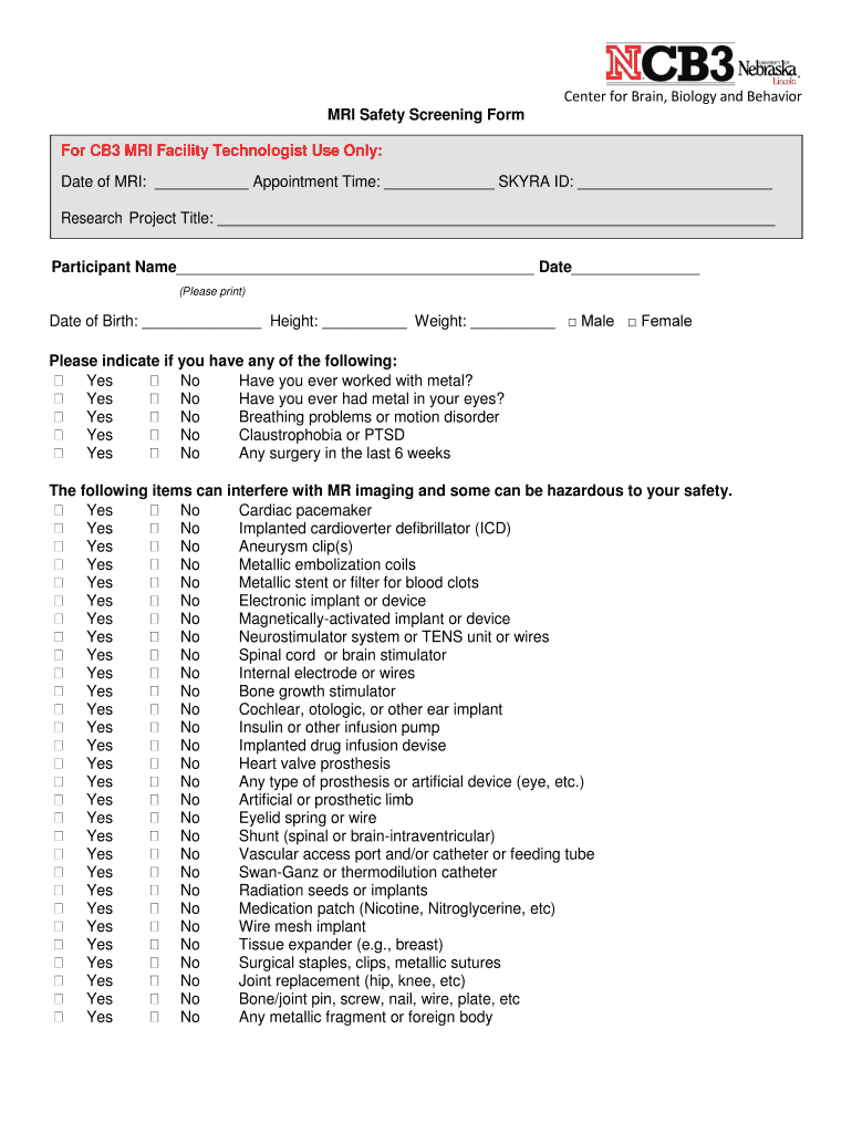 Fillable Online Polisci Unl Screening Form Mri Safety Fax Email Print