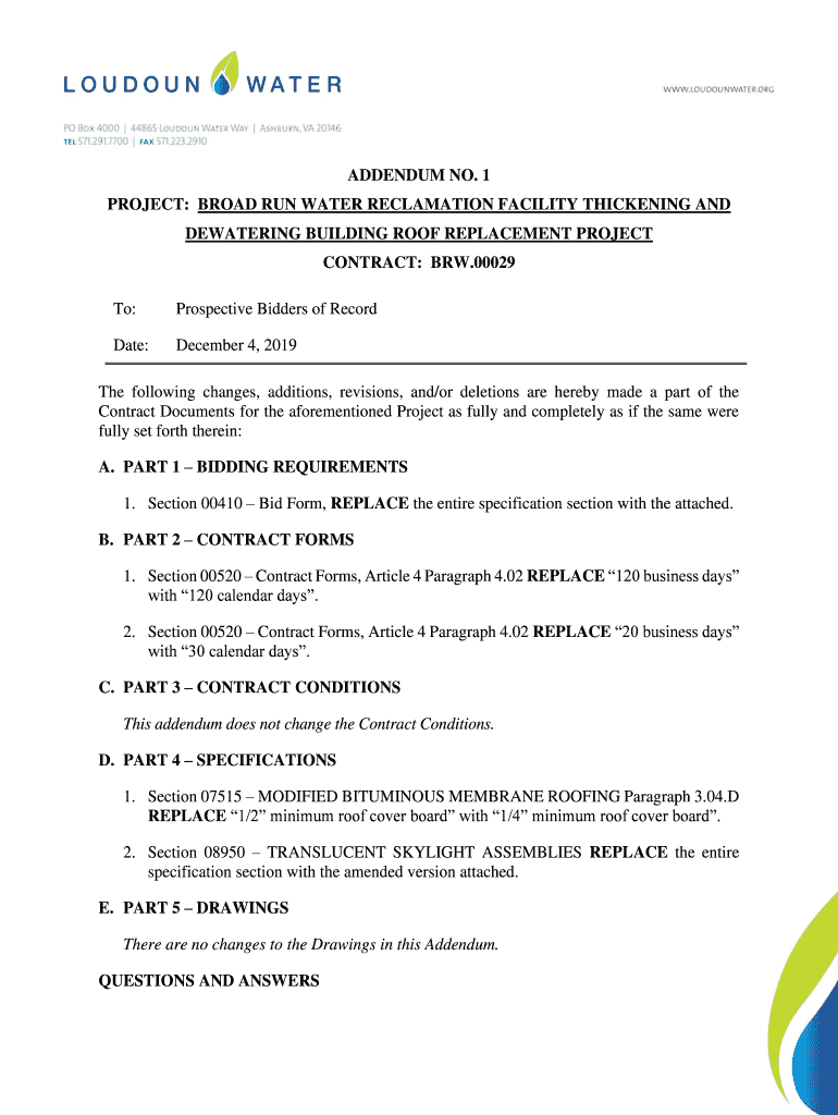Fillable Online addendum no. 1 project: broad run water ... - Loudoun ...