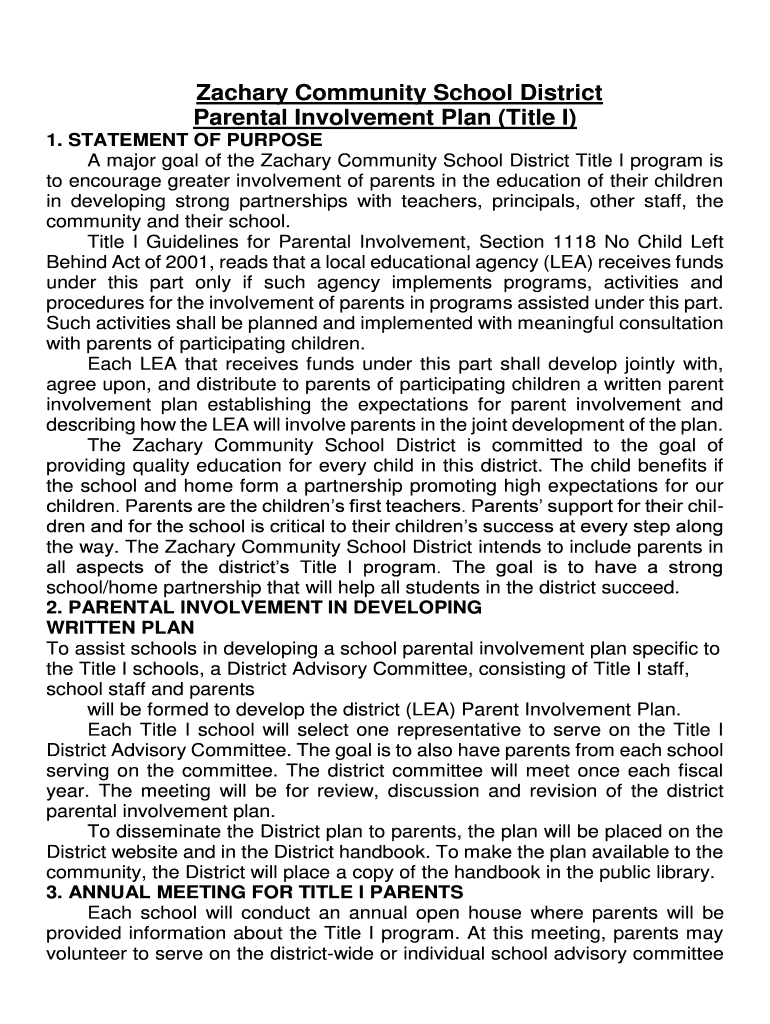 Fillable Online Parental Involvement Plan (Title I) Fax Email Print ...