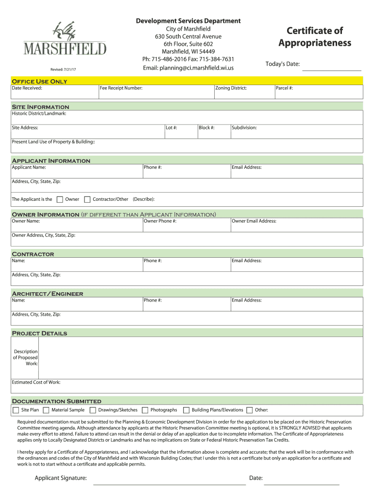 Fillable Online ci marshfield wi COA Application 170721.pdf Fax Email Print - pdfFiller