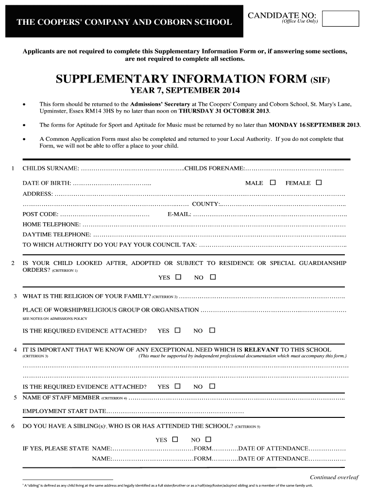 Fillable Online www3 havering gov SUPPLEMENTARY INFORMATION FORM (SIF) WAITING LIST APPLICATION ...