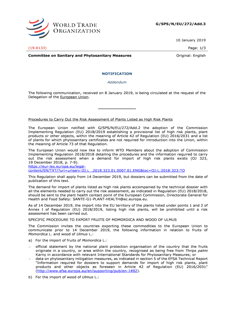 Fillable Online G/SPS/N/EU/278/Add.1 13 June 2019 (19-4033) Page ...