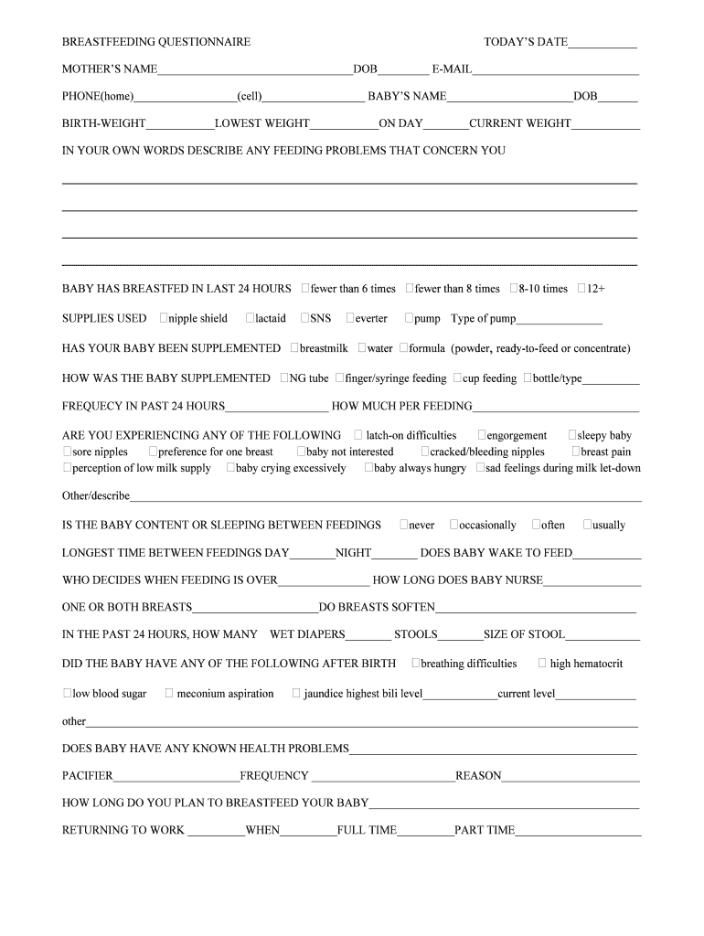 Fillable Online LACTATION QUESTIONNAIRE Fax Email Print - pdfFiller