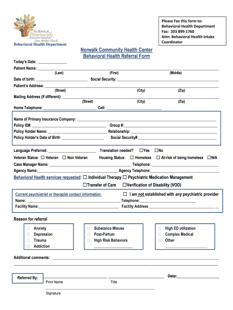 Fillable Online Behavioral Health Department Norwalk Community Health ...