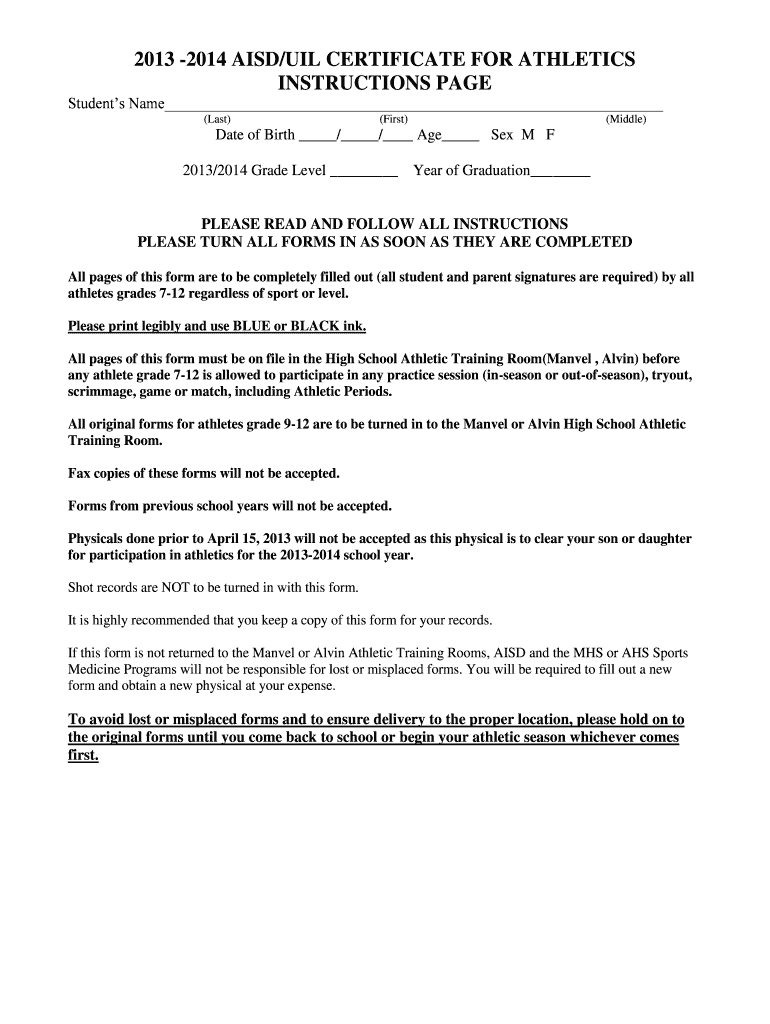 Fillable Online FISD/UIL CERTIFICATE FOR ATHLETICS INSTRUCTIONS Fax ...