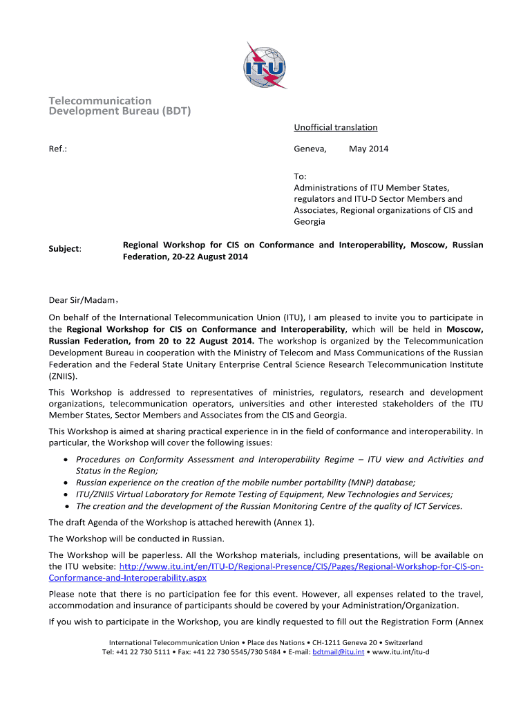 Fillable Online Telecommunication Development Bureau (BDT) - ITU Fax ...