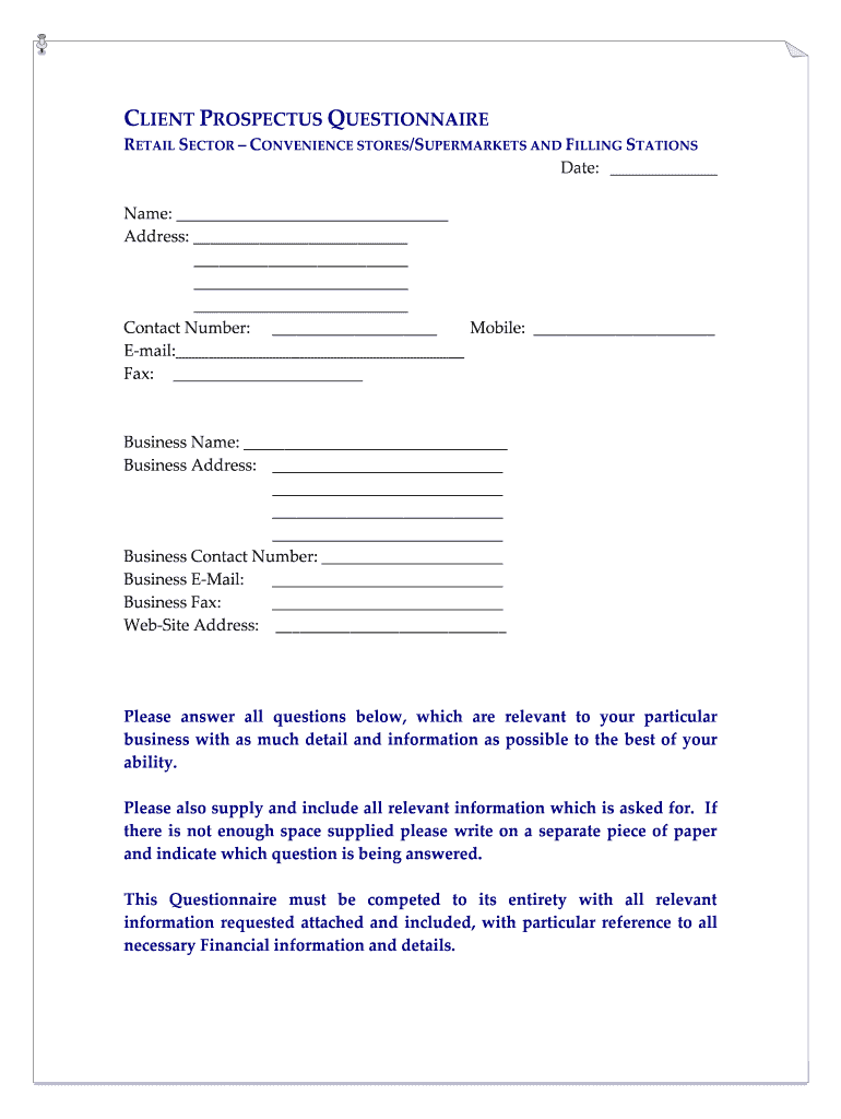 Fillable Online Prospectus Retail QuestionnaireValuation (Finance ...