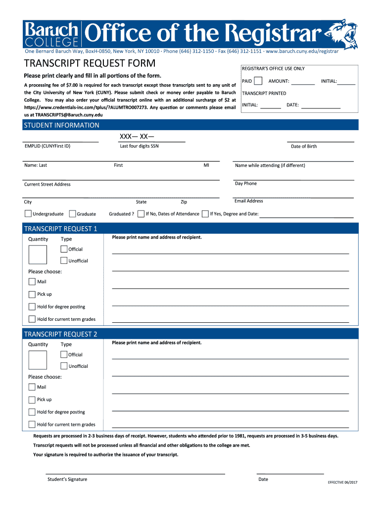 Baruch College Transcript Request - Fill Online, Printable, Fillable ...