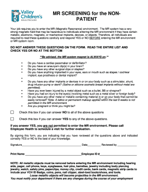 Fillable Online MR SCREENING for the NON- PATIENT Fax Email Print ...