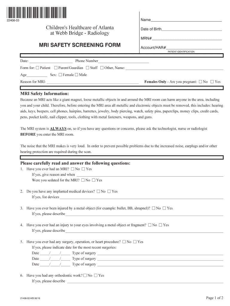 Fillable Online Children's at Webb Bridge MRI safety screening form Fax ...