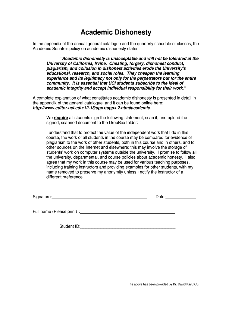 Fillable Online Academic honesty form - Academic Dishonesty In the ...