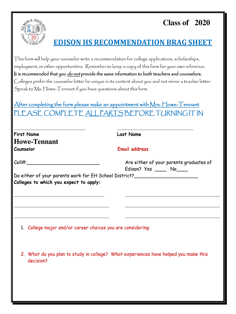 Fillable Online EDISON HS RECOMMENDATION BRAG SHEET Fax Email Print ...