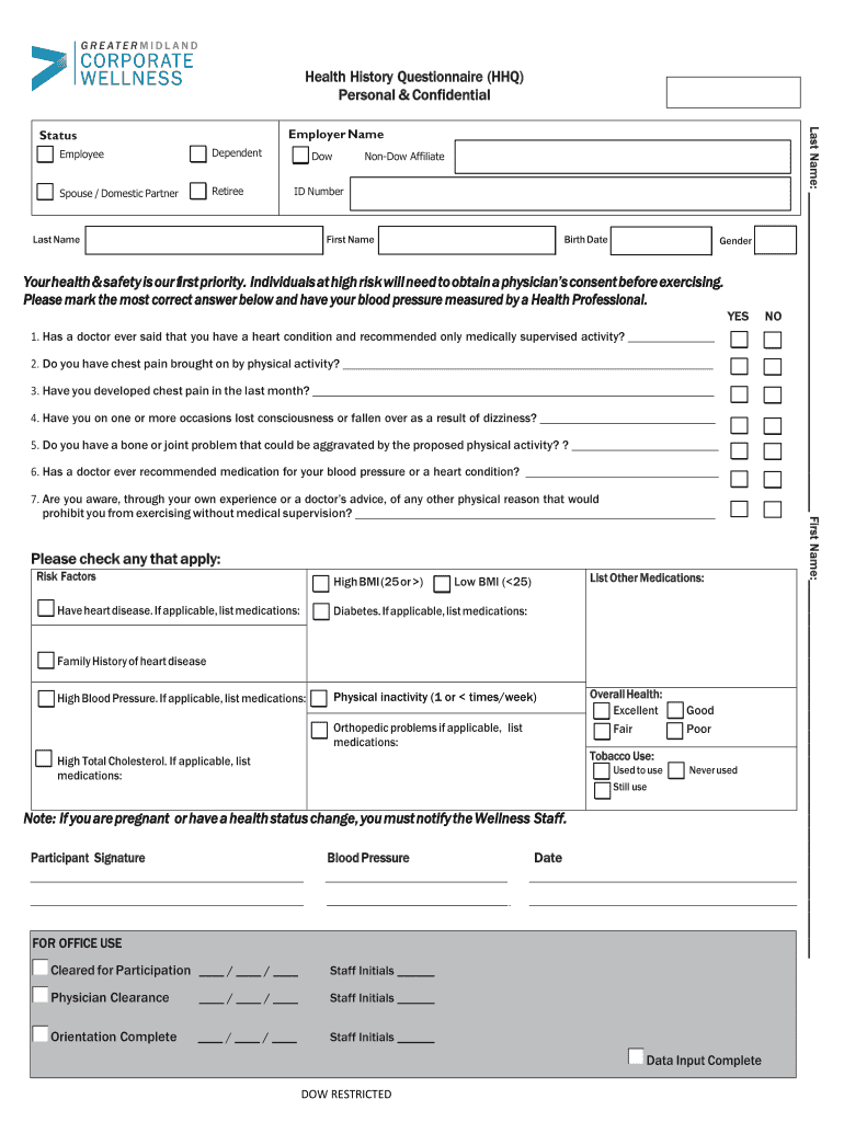 Fillable Online Health History Questionnaire (HHQ) - Dow Midland ...