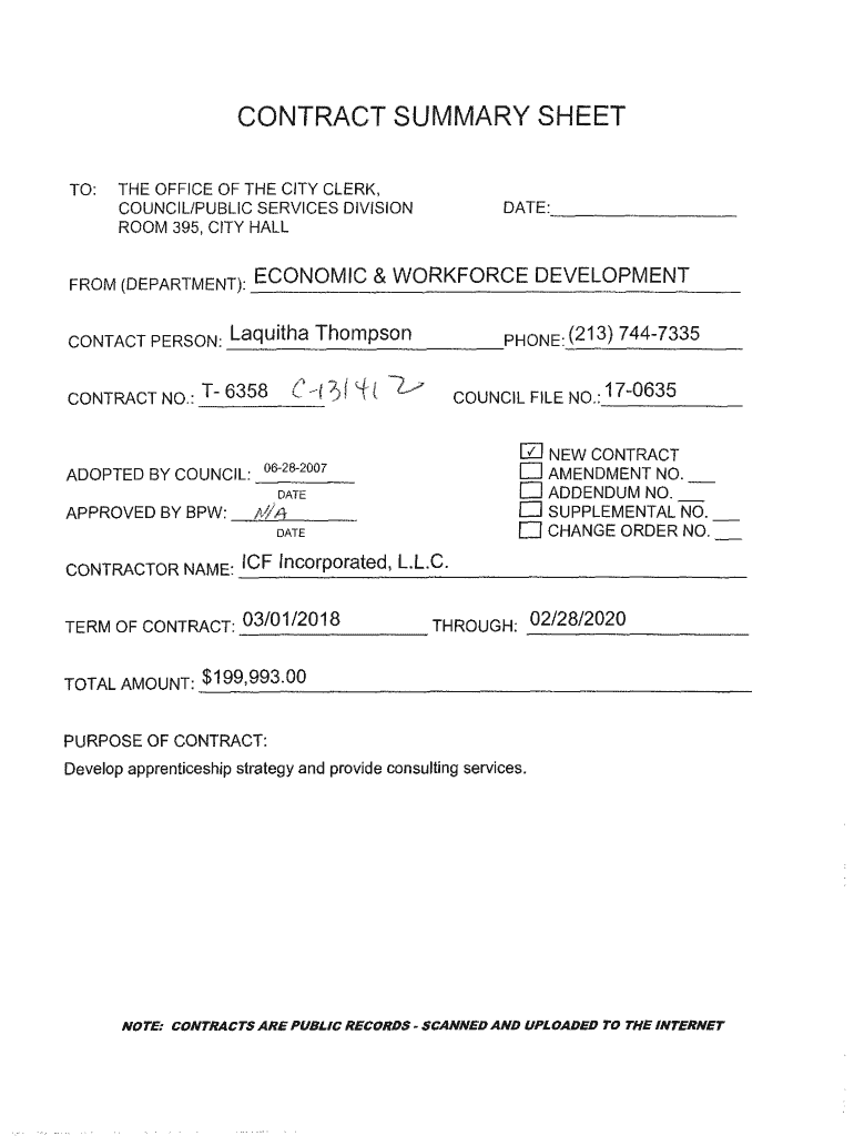 Fillable Online CONTRACT SUMMARY SHEET - L.A. City Clerk Fax Email ...