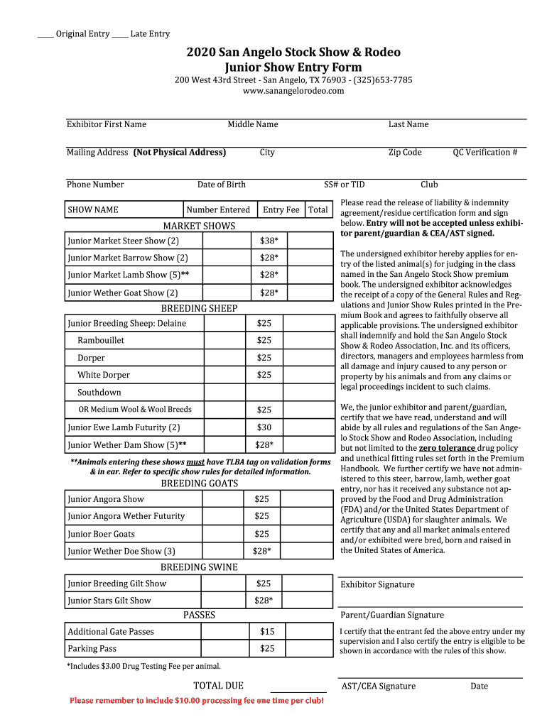 Fillable Online 2020 San Angelo Stock Show & Rodeo Junior Show Entry ...