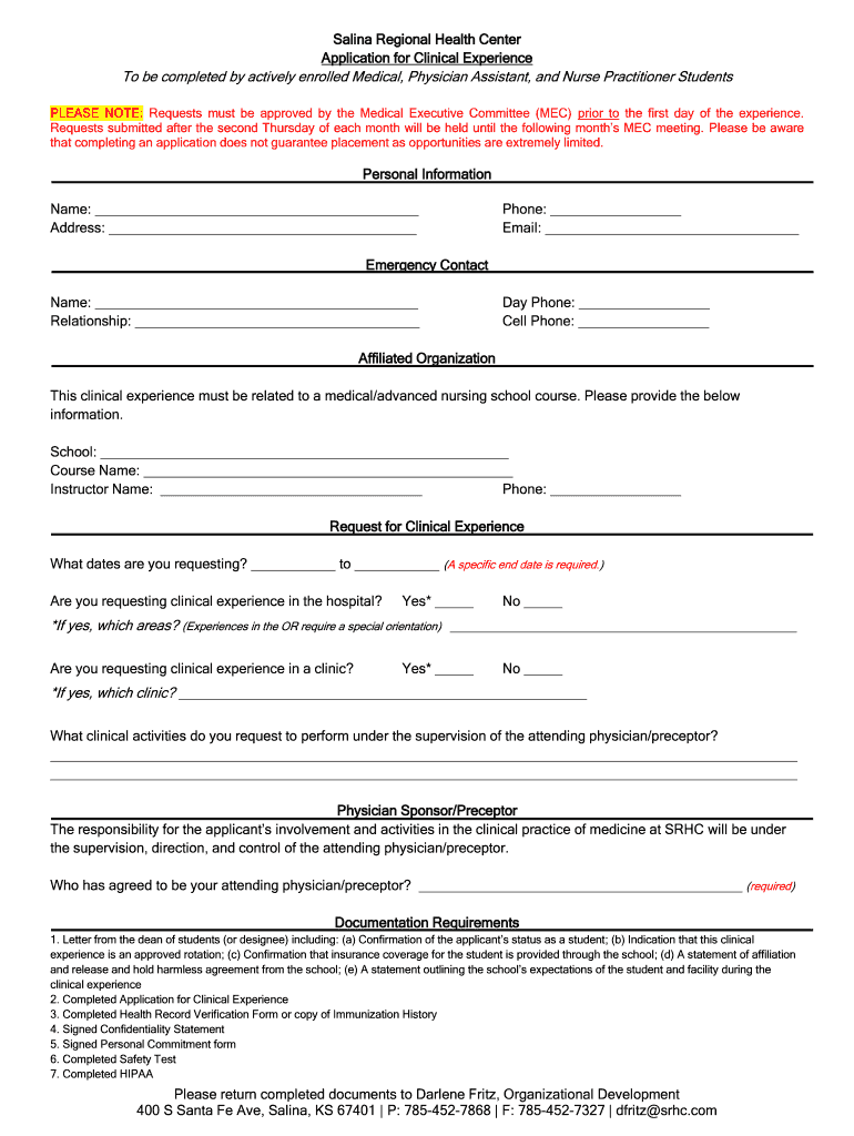 Fillable Online Salina Regional Health Center Application for Clinical ...