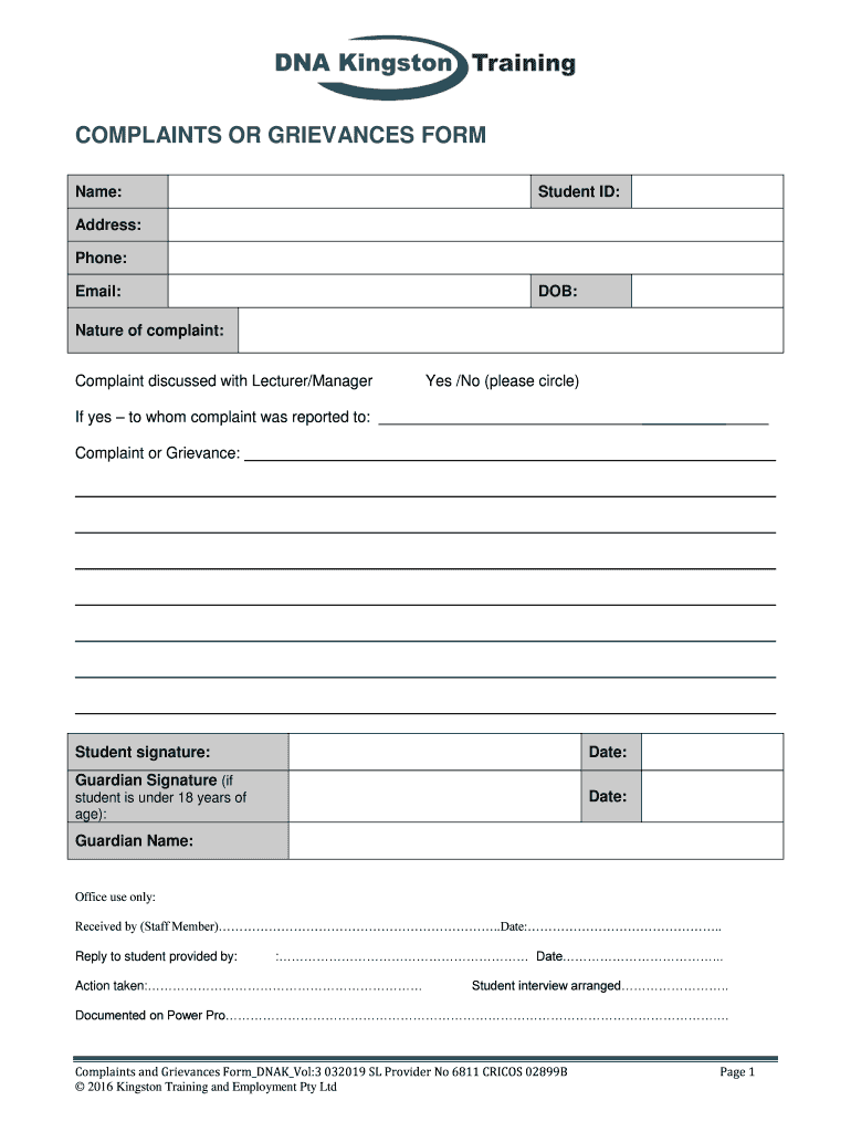Fillable Online Complaints or Grievances Form Fax Email Print - pdfFiller
