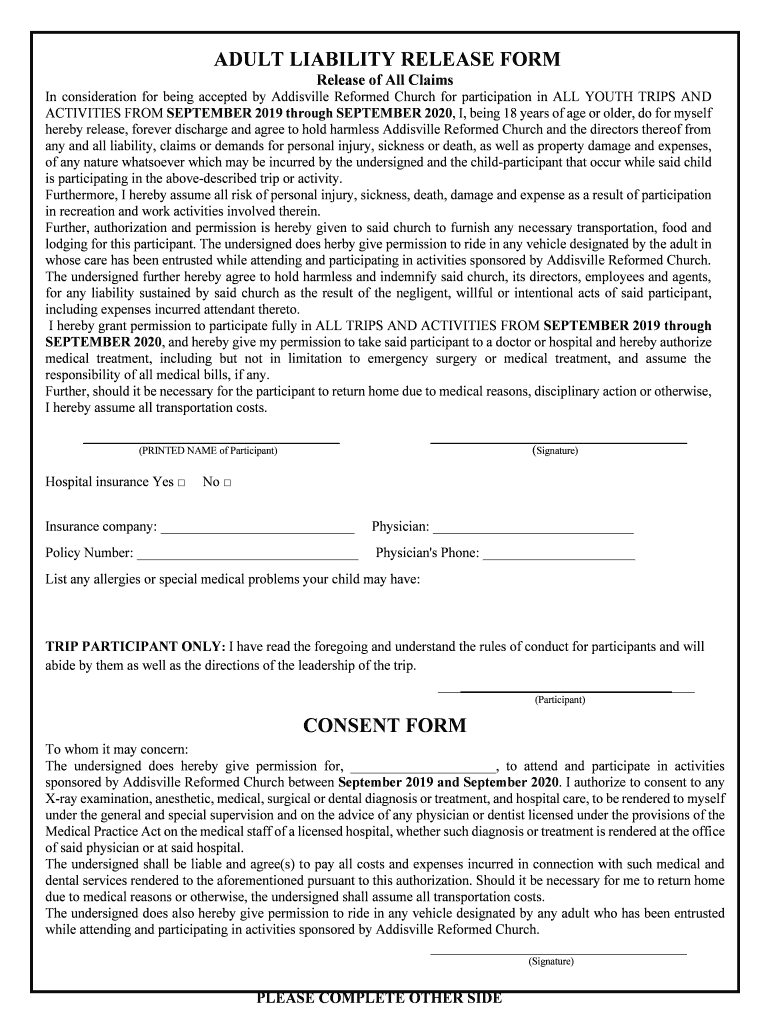 Fillable Online adult liability release form consent form - Addisville ...