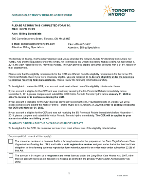 Fillable Online Ontario Electricity Rebate Notice Form - Toronto Hydro ...