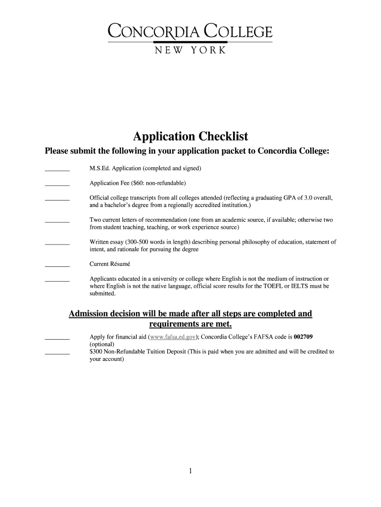 Fillable Online Master's Application Checklist - Concordia University ...