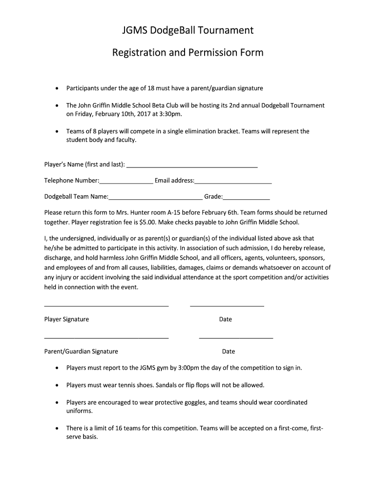 Fillable Online jgms ccs k12 nc JGMS DodgeBall Tournament Registration ...